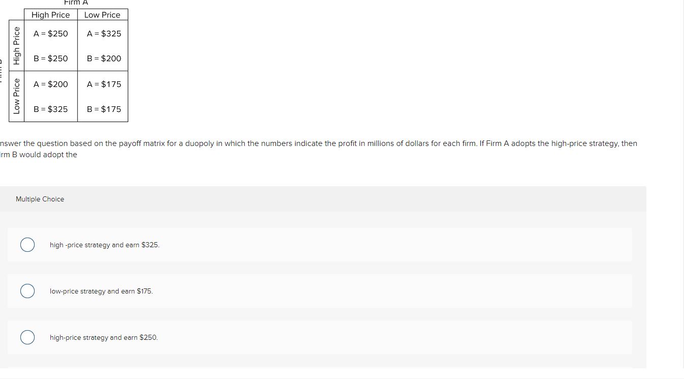 Solved nswer the question based on the payoff matrix for a | Chegg.com