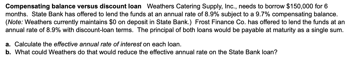 Solved Compensating balance versus discount loan Weathers | Chegg.com