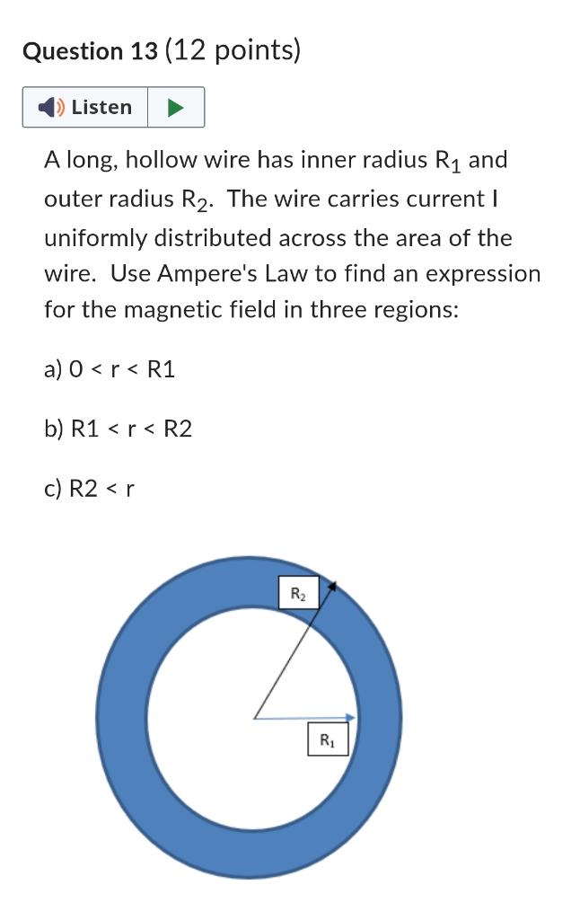 Solved A long, hollow wire has inner radius R1 and outer | Chegg.com
