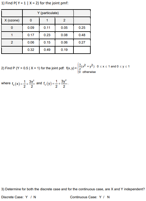 Solved 1) Find PC Y = 1 | X = 2) for the joint pmf: | Chegg.com
