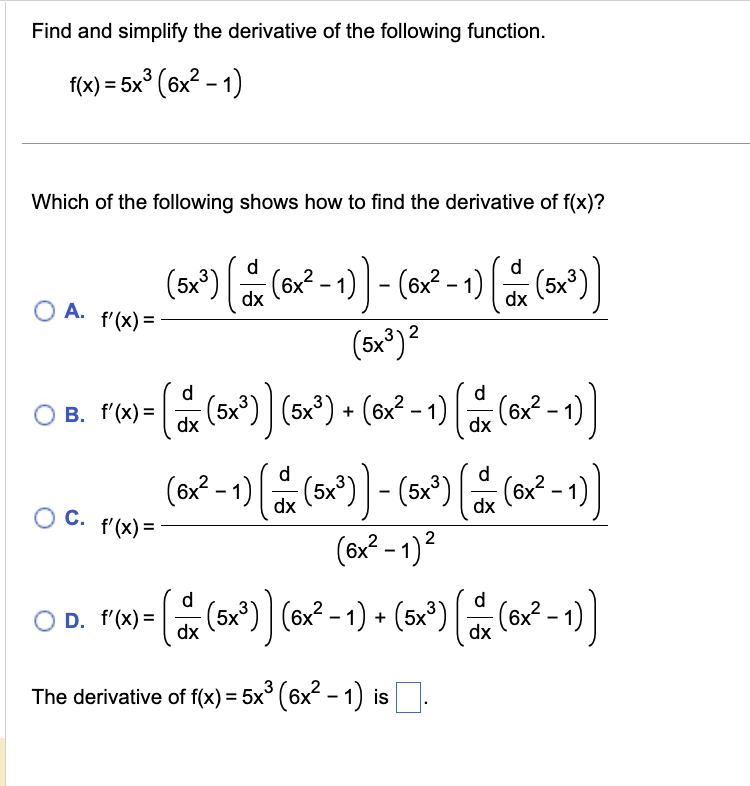 Find and simplify the derivative of the following | Chegg.com