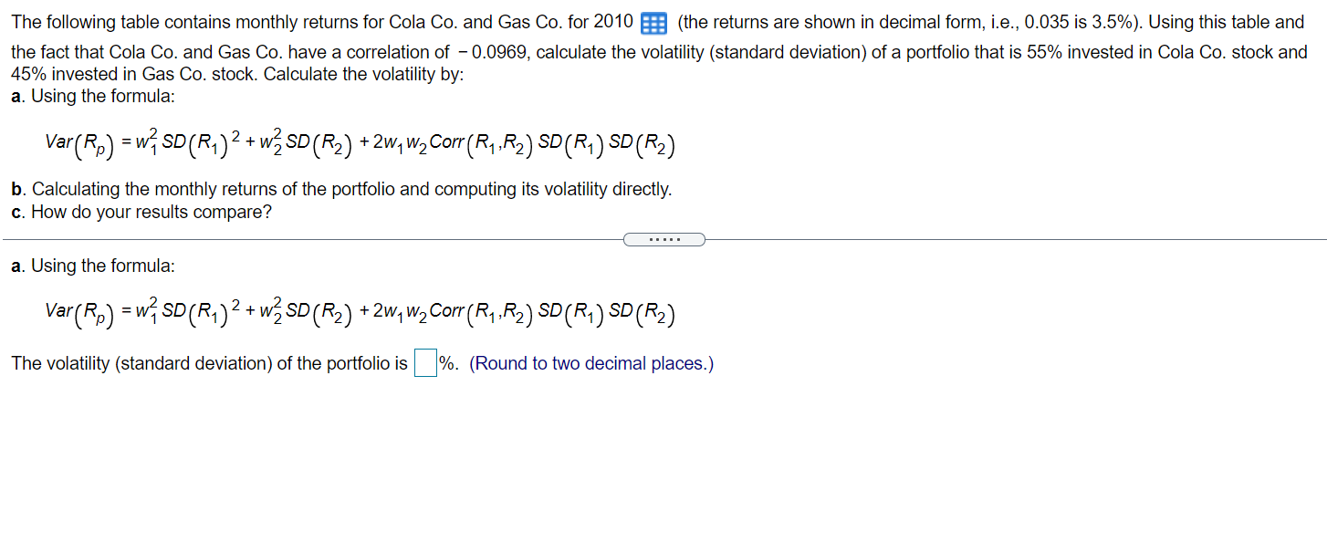 Solved The following table contains monthly returns for Cola | Chegg.com