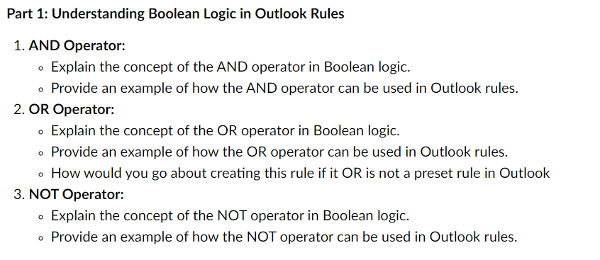Solved Part 1: Understanding Boolean Logic in Outlook Rules | Chegg.com