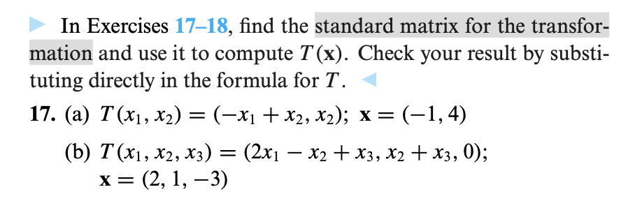 Solved In Exercises 17–18, find the standard matrix for the | Chegg.com