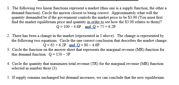 Solved 1. The following two linear functions represent a | Chegg.com