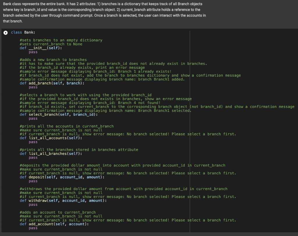 Bank class represents the entire bank. It has 2 | Chegg.com