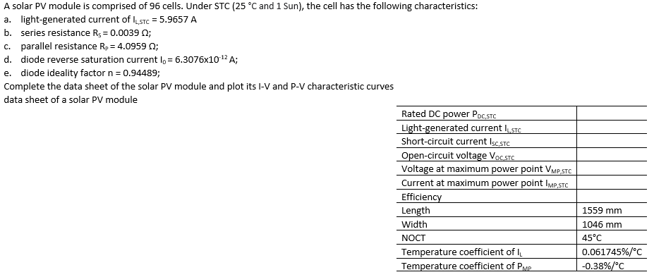 Solved A solar PV module is comprised of 96 cells. Under STC | Chegg.com