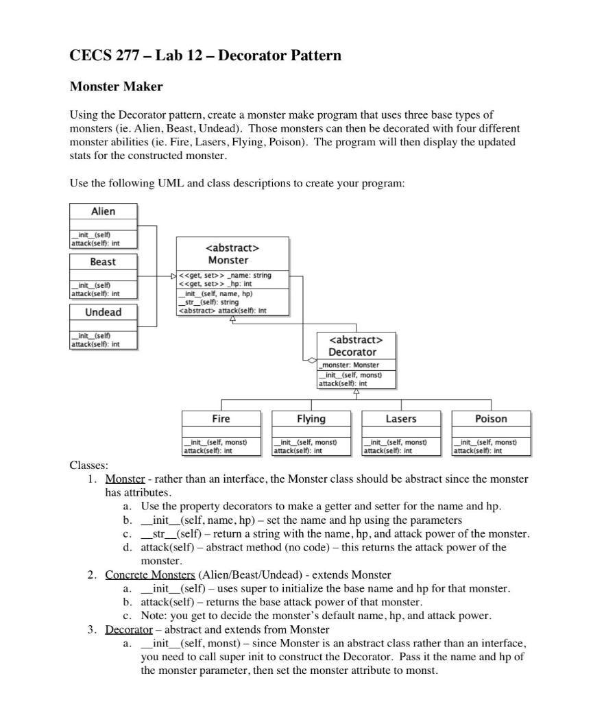 Solved Monster Maker Using the Decorator pattern, create a | Chegg.com