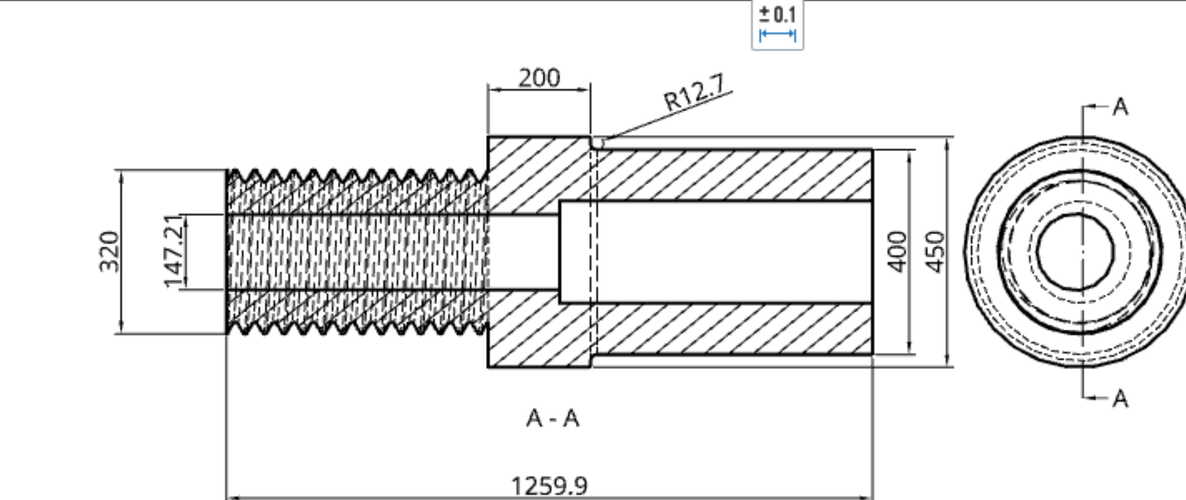 Solved +0.1 200 R12.7 A 320 147.21 400 450 A A-A 1259.9 | Chegg.com