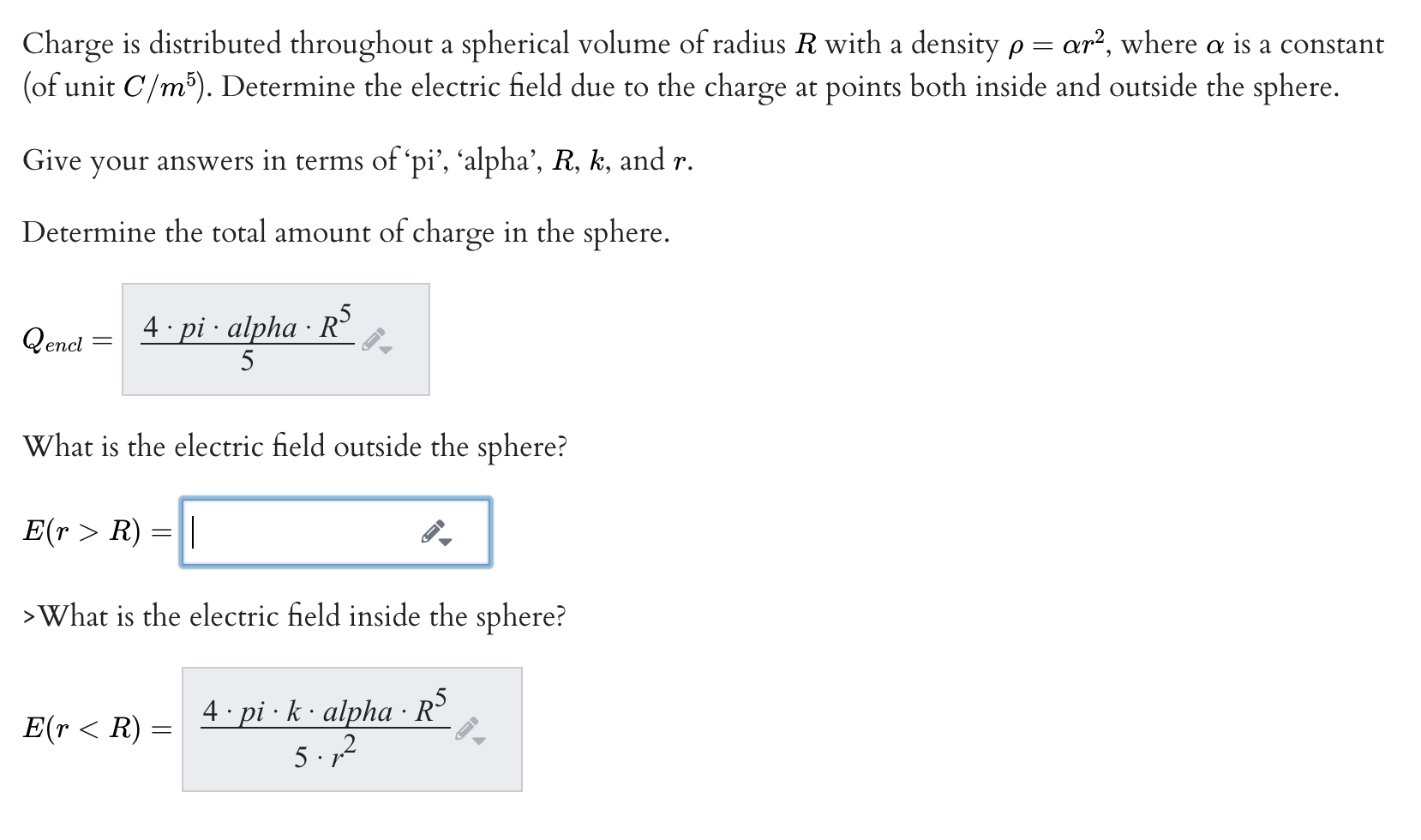 Solved Charge is distributed throughout a spherical volume | Chegg.com