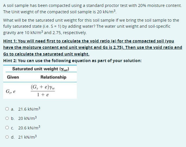 Solved A soil sample has been compacted using a standard | Chegg.com