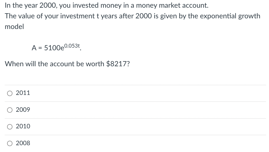 Solved In the year 2000, you invested money in a money | Chegg.com