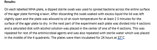 Solved Results: On each labelled MHA plate, a dipped sterile | Chegg.com