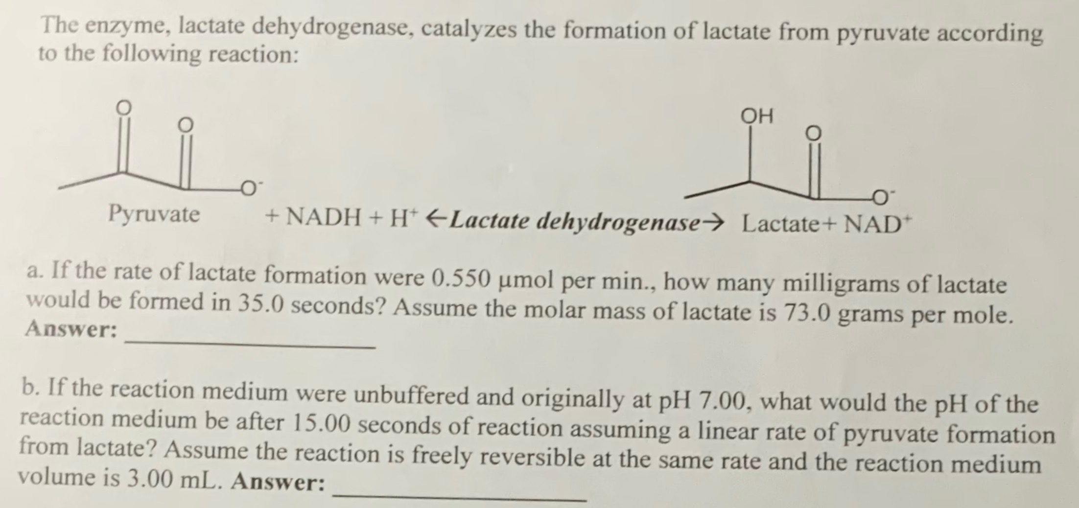 The enzyme, lactate dehydrogenase, catalyzes the | Chegg.com