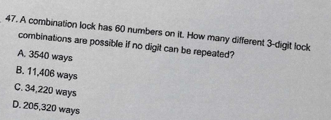 A combination lock has 60 ﻿numbers on it. ﻿How many | Chegg.com