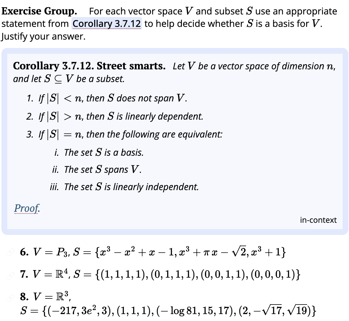 Solved Exercise Group. For each vector space V and subset S | Chegg.com