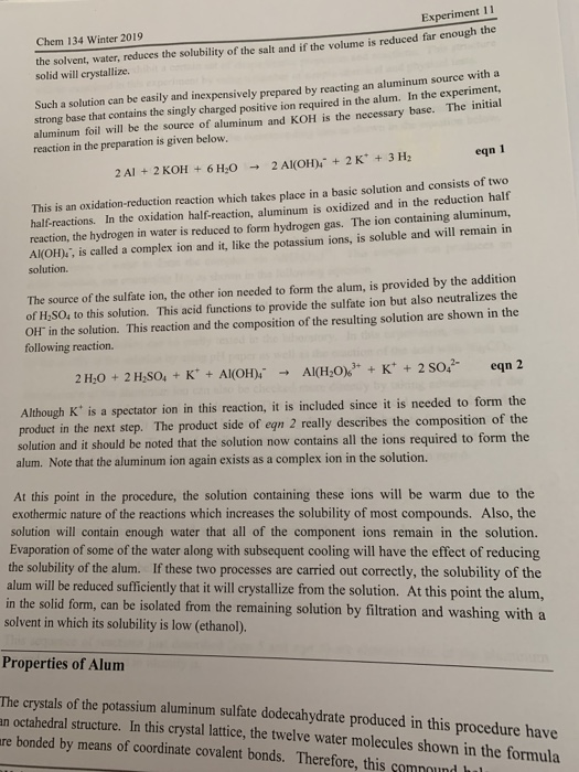 Experiment 11 Chem 134 Winter 2019 Data and Results | Chegg.com