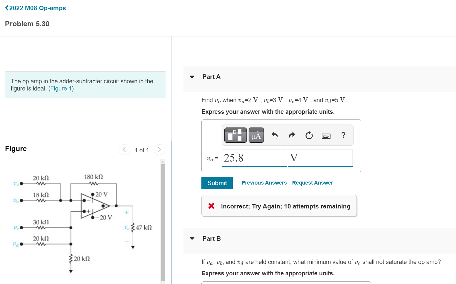 Solved The op amp in the adder-subtracter circuit shown in | Chegg.com