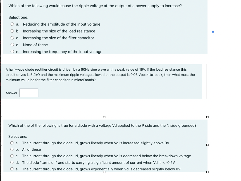 Solved Which of the following would cause the ripple voltage | Chegg.com