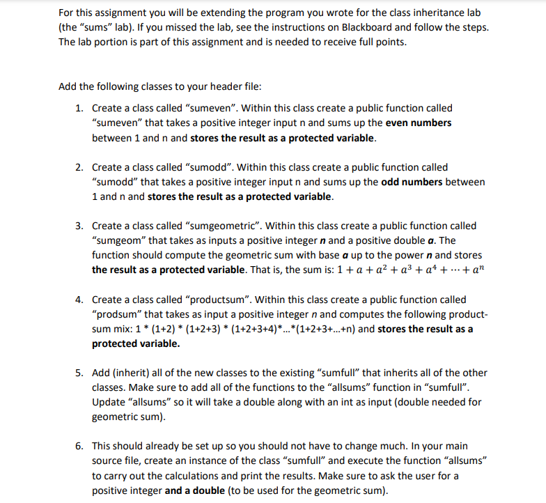 Solved For this lab, you will create several "sum classes" | Chegg.com