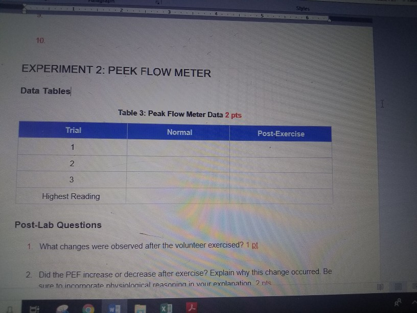 Styles EXPERIMENT 2: PEEK FLOW METER Data Tables | Chegg.com