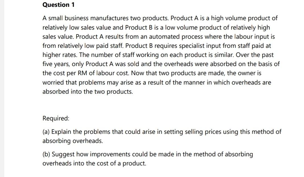 A small business manufactures two products. Product A | Chegg.com