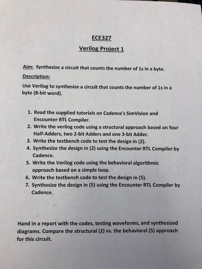 ECE327 Verilog Project 1 Aim: Synthesize a circuit | Chegg.com