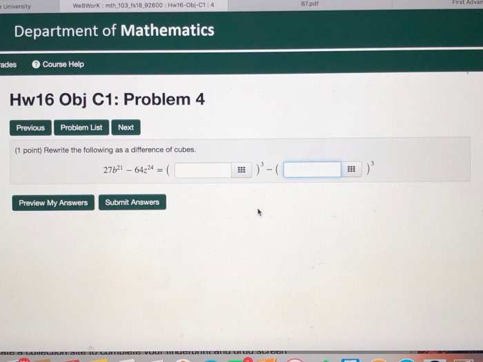 Solved Department of Mathematics Grades Course Help Hw16 Obj | Chegg.com