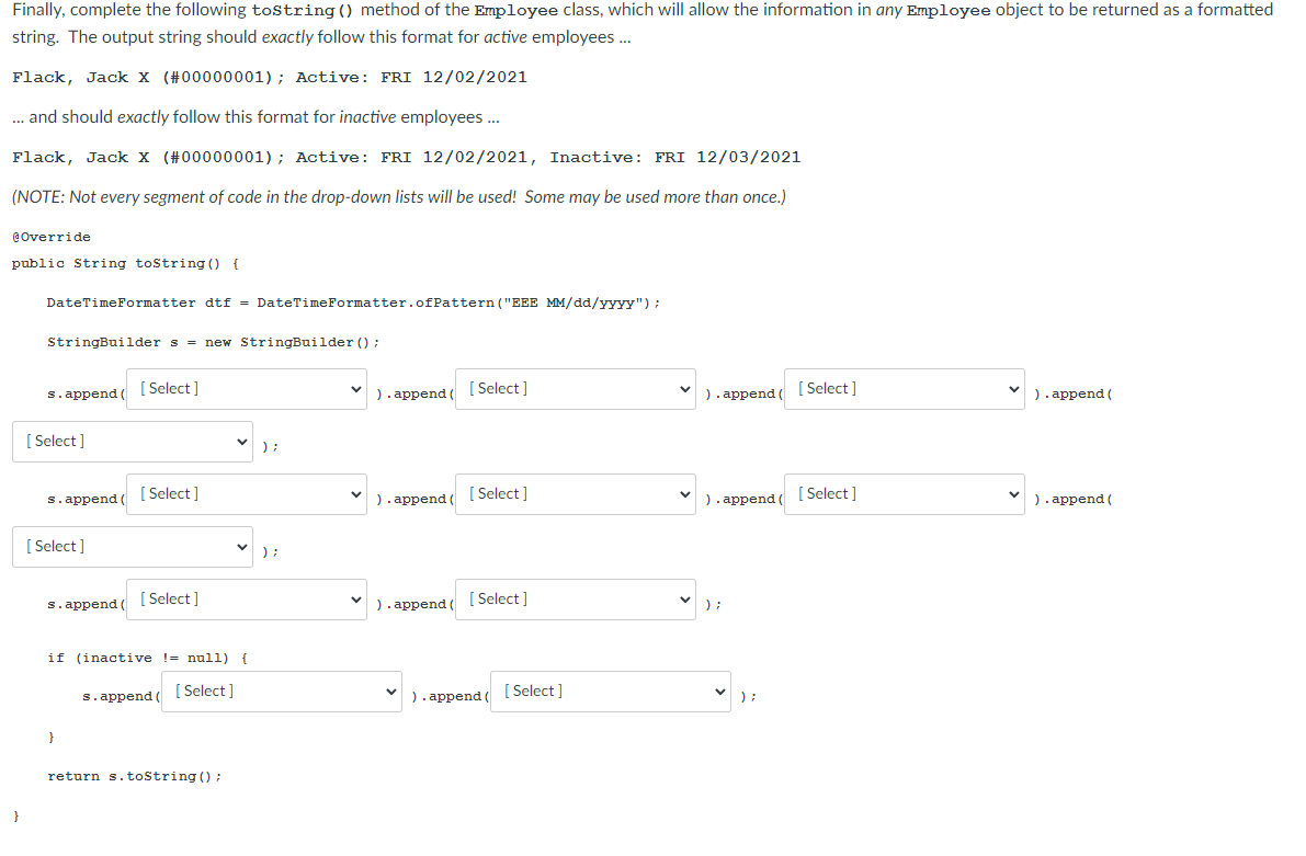 Finally, complete the following tostring () method of | Chegg.com