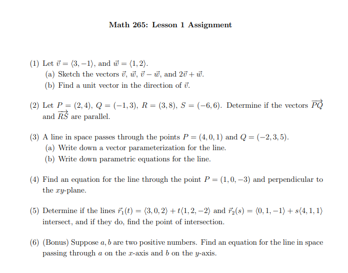 Solved Math 265: Lesson 1 Assignment (1) Let v = (3, -1), | Chegg.com