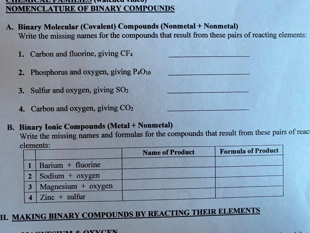 Solved NOMENCLATURE OF BINARY COMPOUNDS A. Binary Molecular | Chegg.com