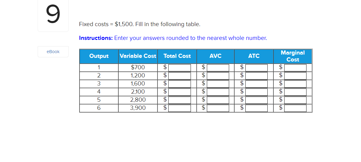 Solved 9 Fixed costs = $1,500. Fill in the following table. | Chegg.com