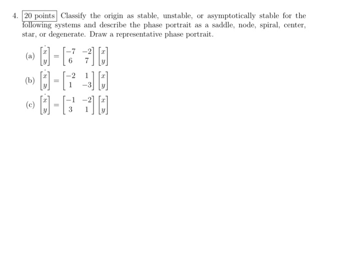 Solved 4. 20 points Classify the origin as stable, unstable, | Chegg.com