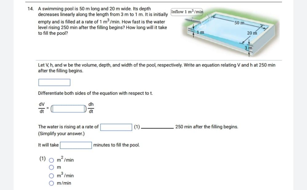 Solved 14. A swimming pool is 50 m long and 20 m wide. Its | Chegg.com