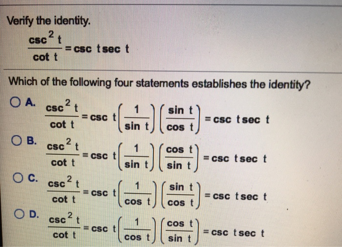 Solved Verify the identity. 2 csc t cot t Which of the | Chegg.com