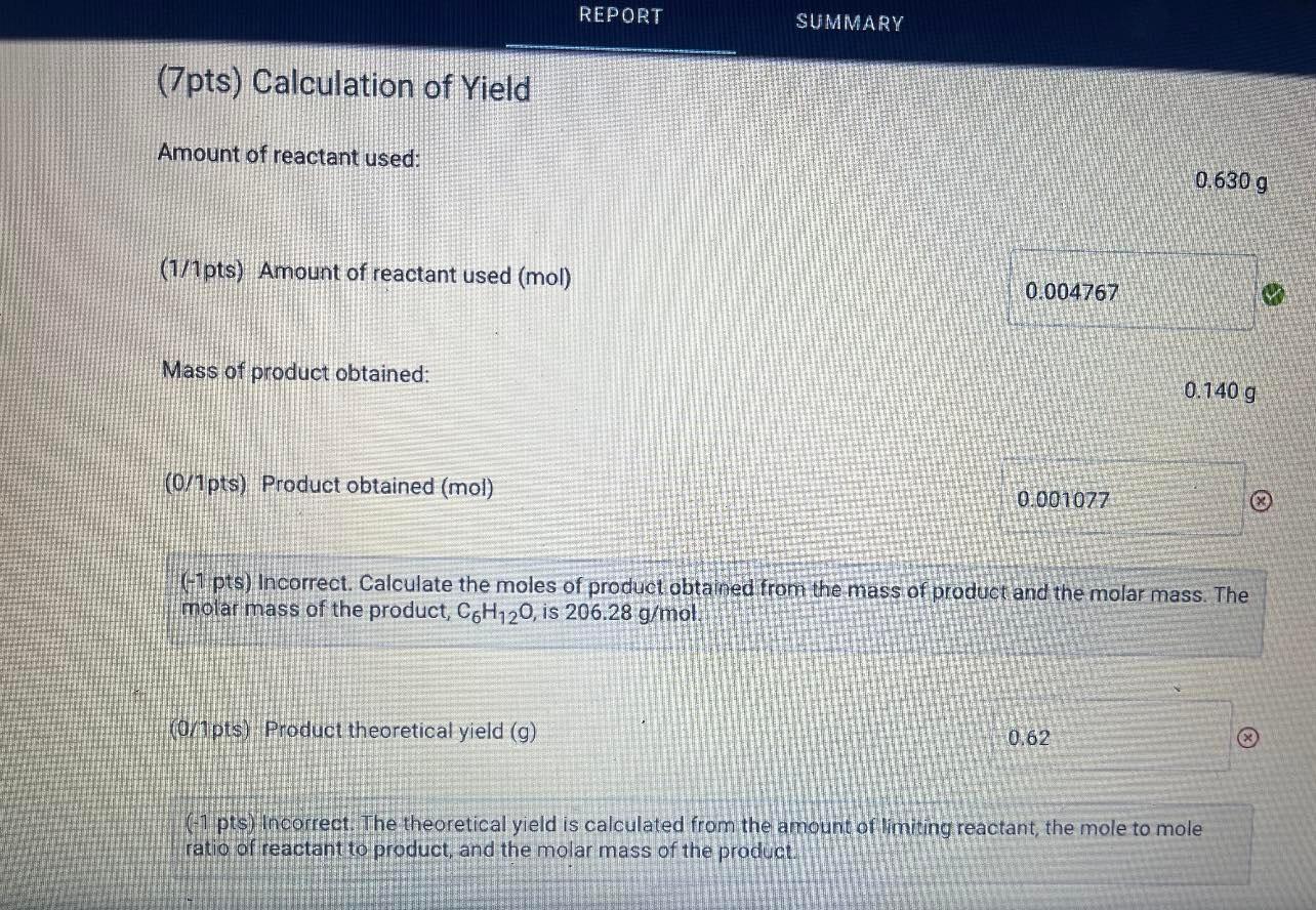 Solved REPORT SUMMARY (7pts) Calculation of Yield Amount of | Chegg.com