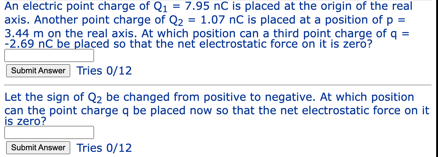 Solved An electric point charge of Q1=7.95nC is placed at | Chegg.com