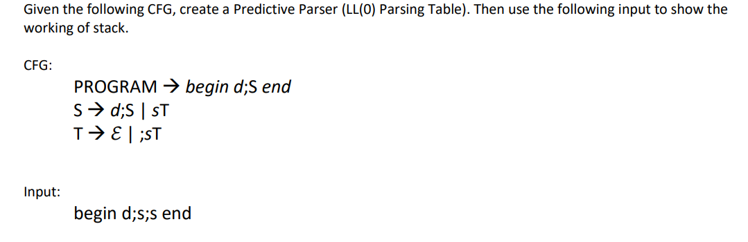 Solved Given the following CFG, create a Predictive Parser | Chegg.com