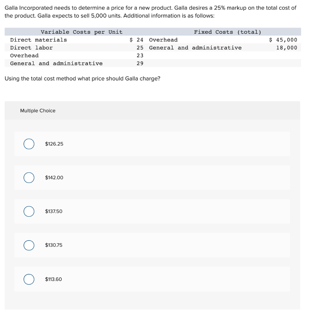 Solved Galla Incorporated needs to determine a price for a | Chegg.com