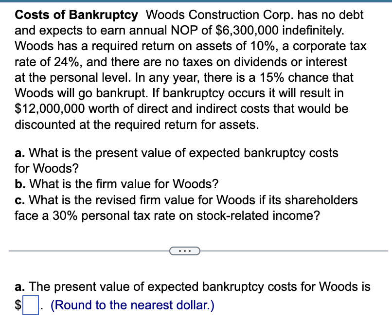 Solved Costs of Bankruptcy Woods Construction Corp. has no | Chegg.com