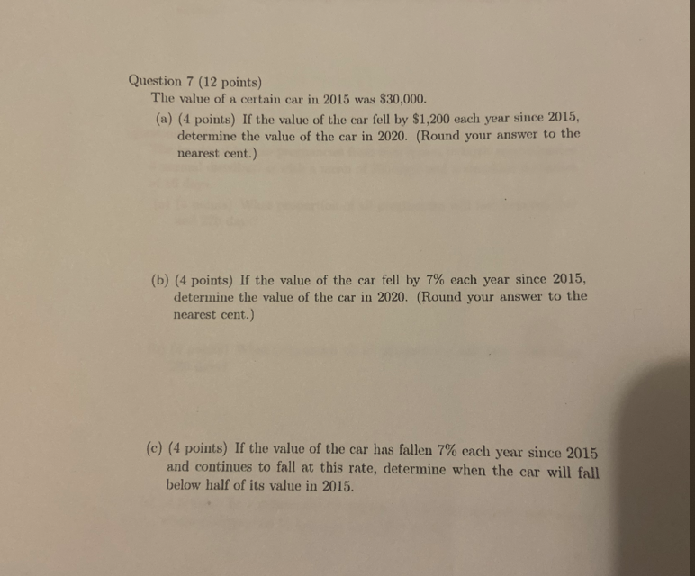 Solved Question 7 (12 points) The value of a certain car in | Chegg.com