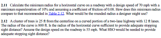 Solved 2.11 Calculate the minimum radius for a horizontal | Chegg.com