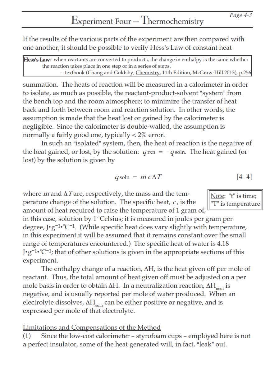 Page 4-1 Experiment Four – Thermochemistry Objectives | Chegg.com