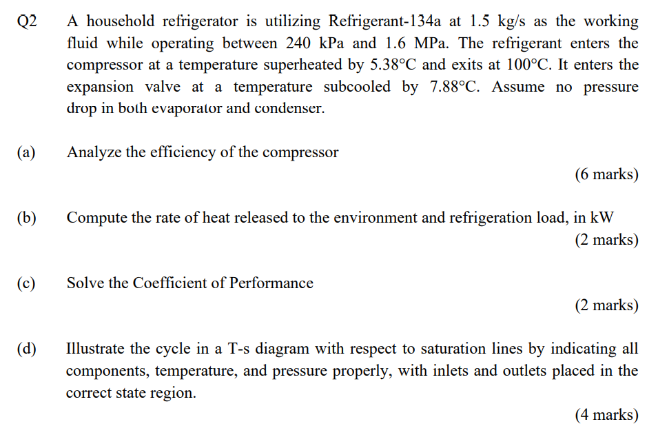 Solved Q2 A household refrigerator is utilizing | Chegg.com