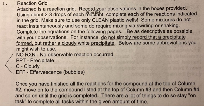 I. Reaction Grid Attached is a reaction grid. Record | Chegg.com
