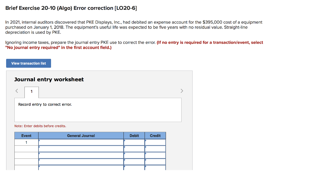 Solved Brief Exercise 20-10 (Algo) Error correction (LO20-6] | Chegg.com