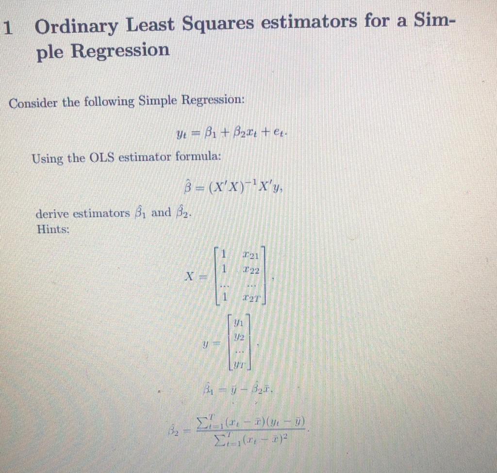 Solved 1 Ordinary Least Squares Estimators For A Sim Ple