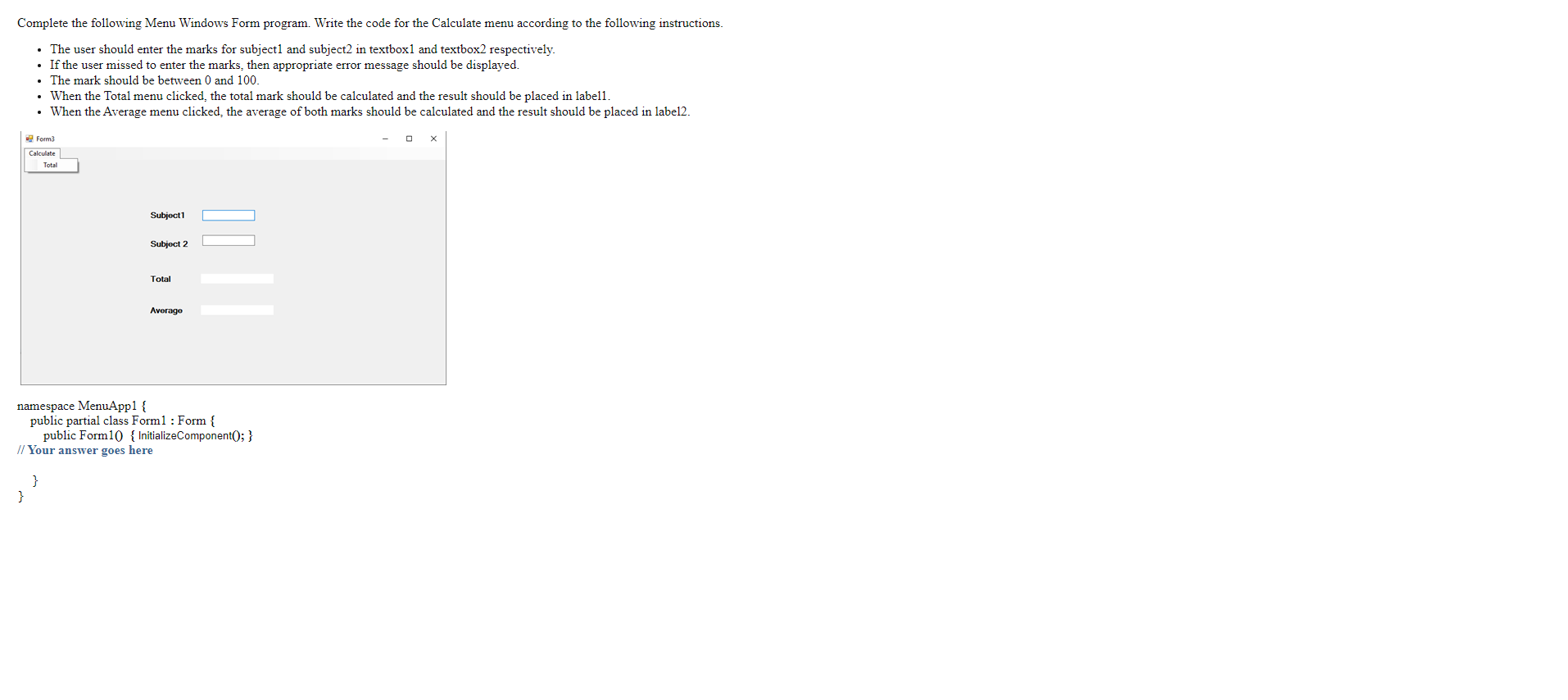 Solved Complete The Following Menu Windows Form Program