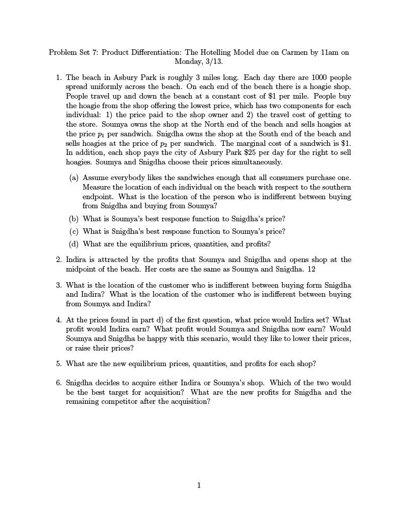 Solved Problem Set 7: Product Differentiation: The Hotelling | Chegg.com
