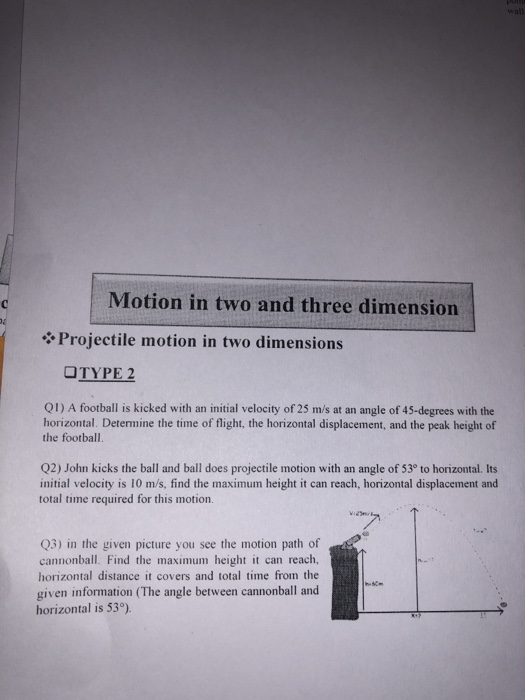 Solved Projectile motion in two dimensions OTYPEI on | Chegg.com